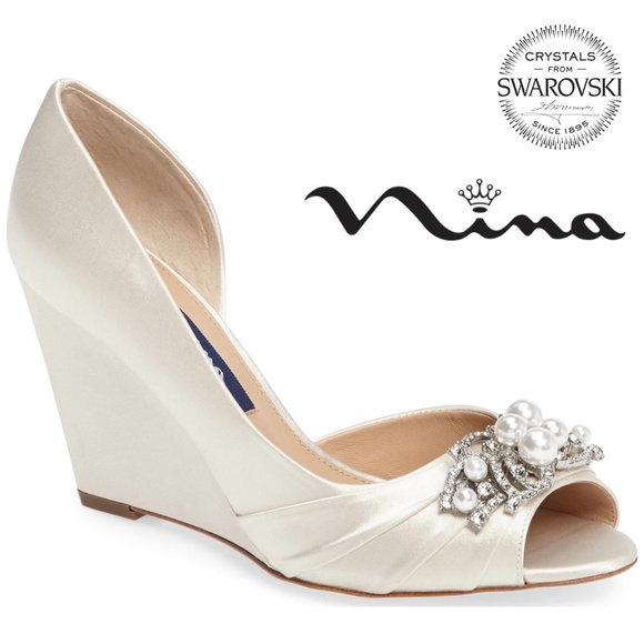 Nina | Shoes | Nina Rona Swarovski Crystals Ivory White Satin Wedge Heel Wedding Bridal Pump ...